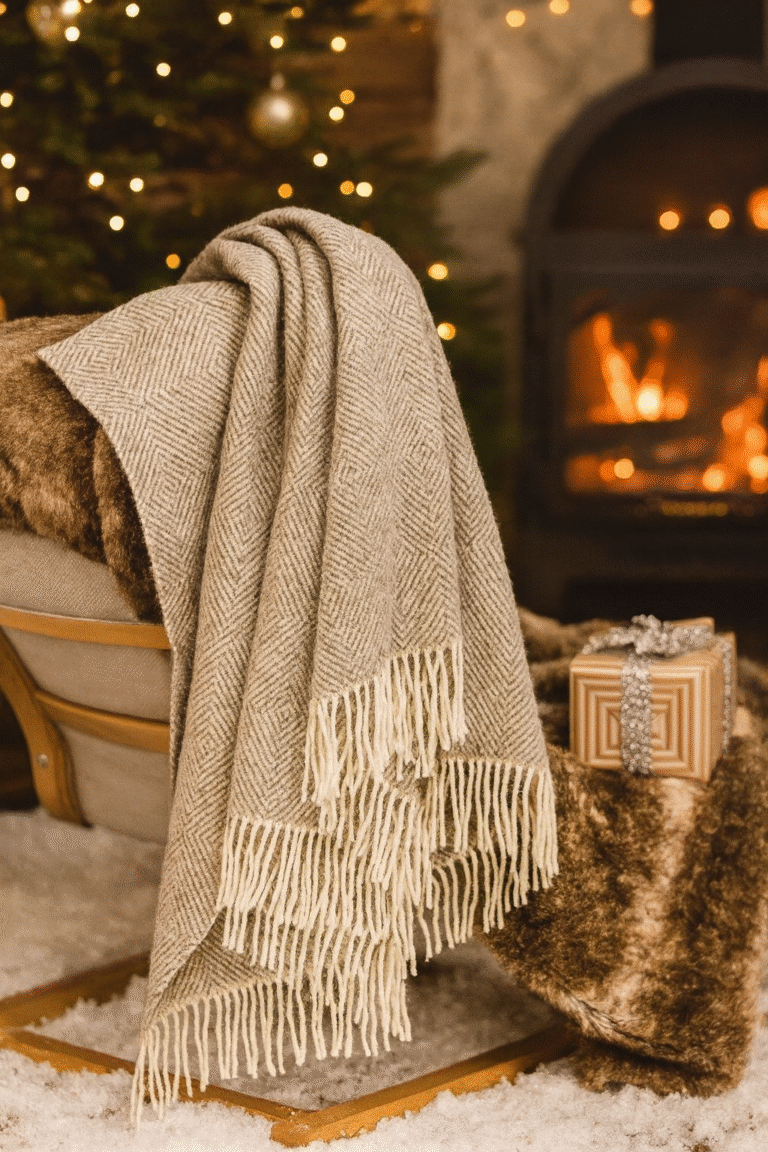 „Scandi Sand Luxe“ – išskirtinis 100% premium vilnos pledas su elegantiškais kutais – Alpacos Dreams